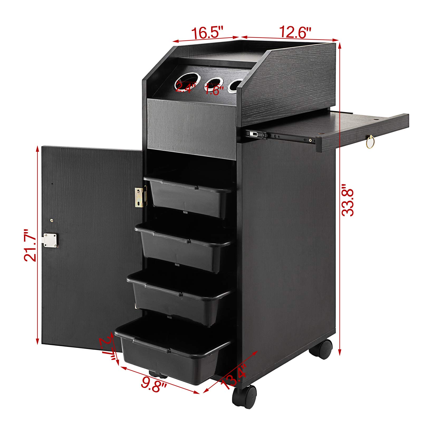 Happybuy Salon SPA Beauty Hairdressing Cart Storage Trolley with 4 Drawers Rolling Wheels Lockable 2 Keys w/Hairdryer Holder Space-Saving Side Tray (Black)