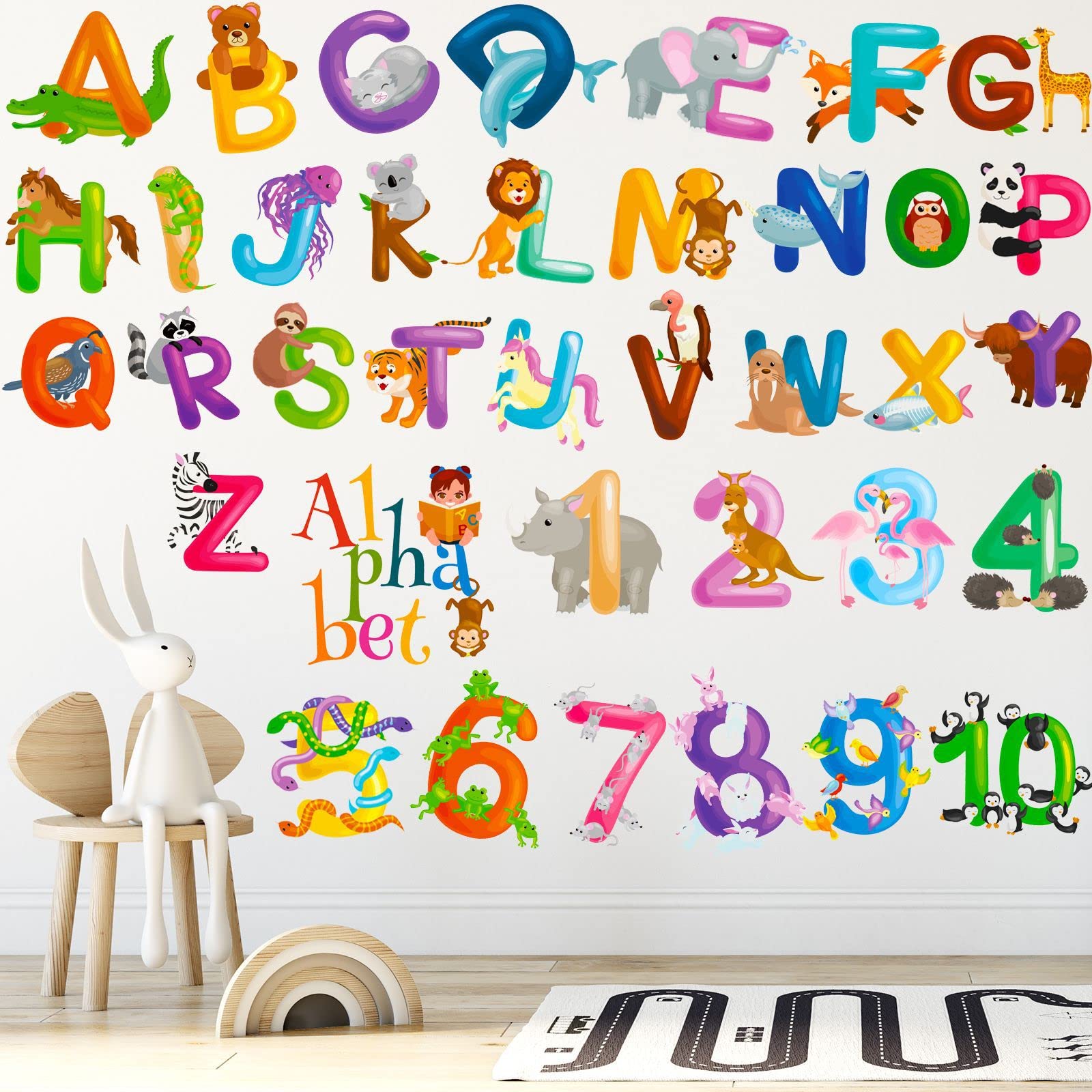 Arquiel Animal Alphabet Wall Decals Colorful Numbers ABC Learning Wall Stickers for Kids Toddlers Nursery Living Room Classroom