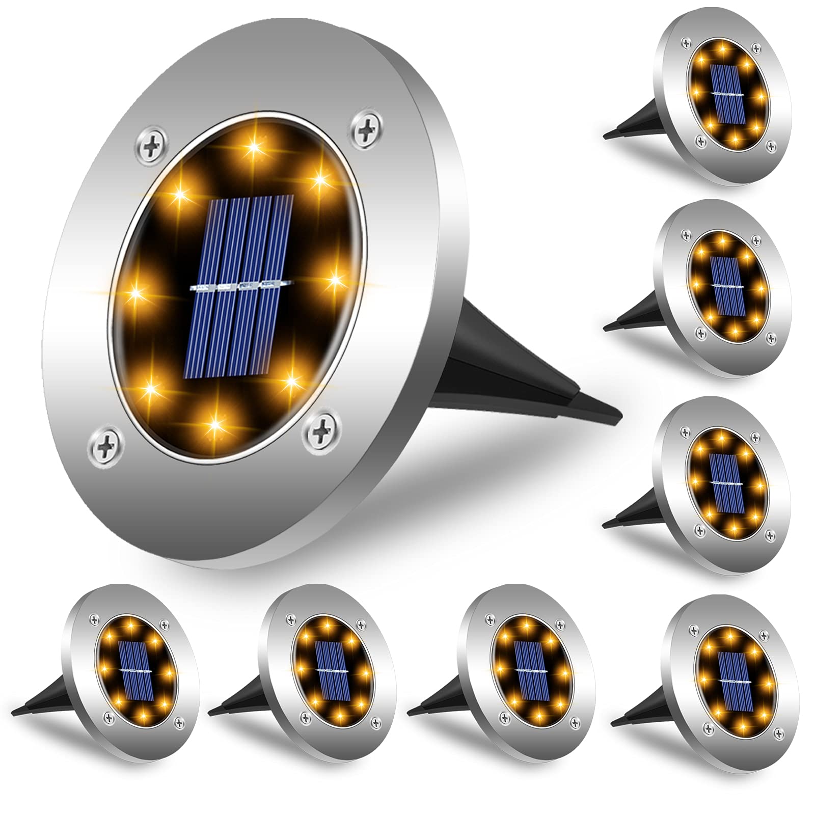 Jyniiw 8Pcs Solar Ground Lights Solar Garden Lights, 8LED Solar Lights Outdoor Garden Waterproof Disk Lights Landscape Lights for Yard Patio Pathway Lawn Driveway Deck Step and Walkway (Warm White)
