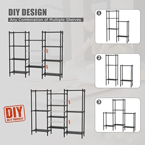 JEROAL 4 Tier Wire Shelving Unit, Adjustable Height Storage Shelf Display Rack with 4 S-Shaped Hooks, 21.25" D×11.4" W×46.45" H Standing Heavy Duty Metal Shelving for Laundry Bathroom Kitchen