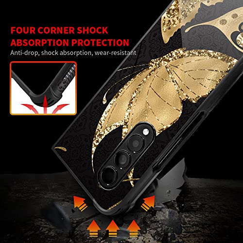 DJSOK Case Compatible with Samsung Galaxy Z Fold 3 5G Case,Beautiful Golden Butterfly Luxury Pattern Design Pattern Back+Soft Silicone Protective Case