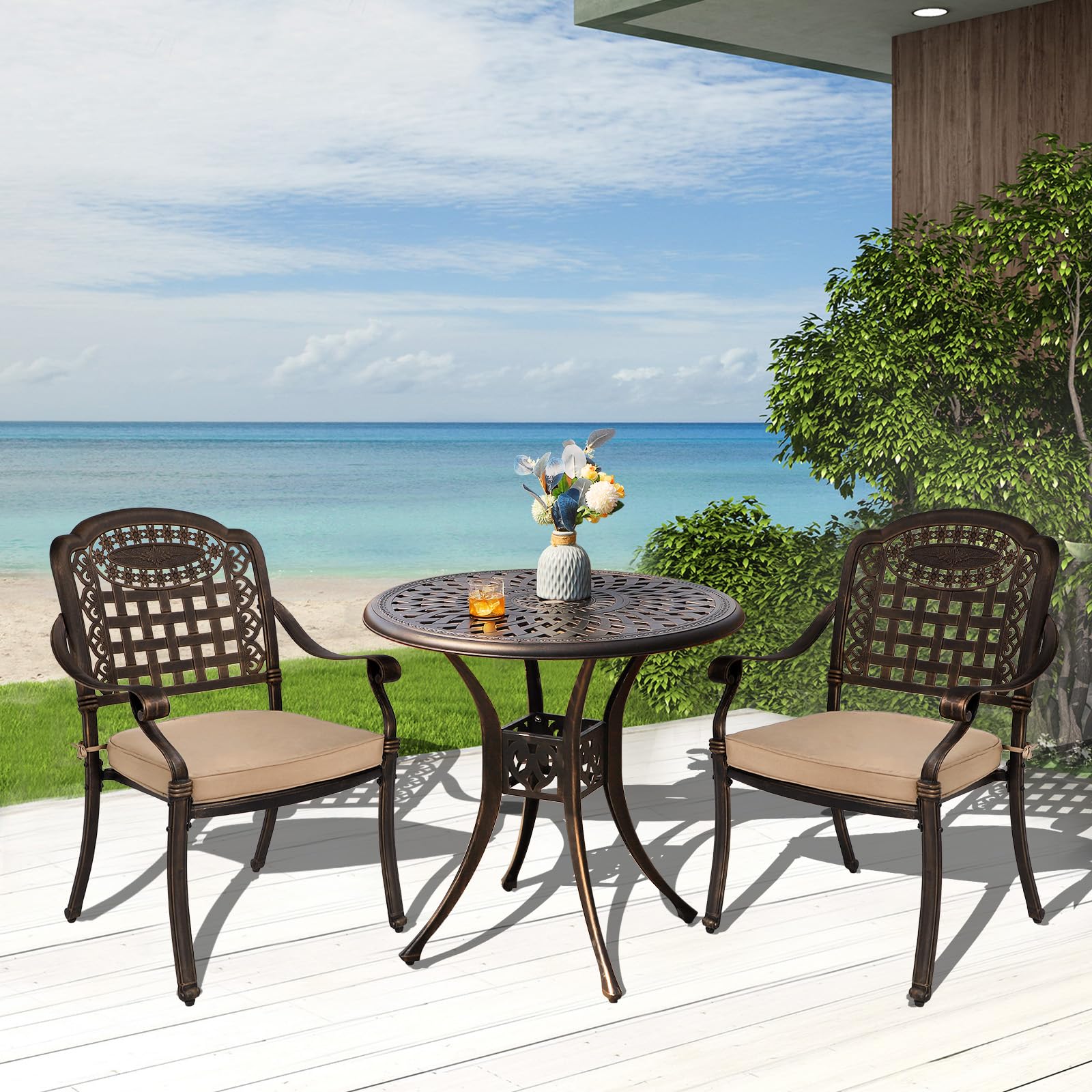 MAGIC UNION 2 Pieces Patio Dining Chairs, Outdoor Cast Aluminum Chairs with Armrest, Patio Bistro Chair Set of 2 for Garden, Backyard, Deck (2pcs A- Grid Chair with Khaki Cushion)
