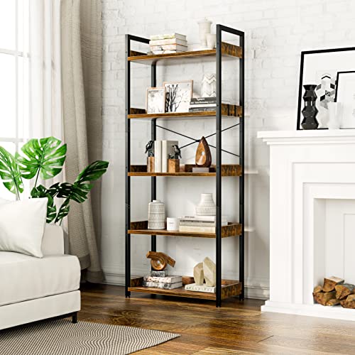 APPOLYN 5 Tier Bookshelf with 2 Hooks, Tall Bookcase, Modern Book Shelves Organizer, Bookshelves for Bedroom, Living Room and Home Office, Vintage