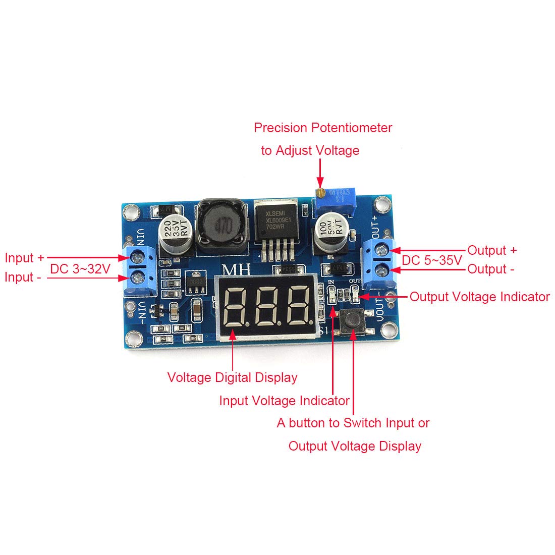 DZS Elec XL6009 DC-DC Booster Regulator Module Input 3-32V to Output 5-35V Instead of LM2577 with Digital Tube Display Step-up Module