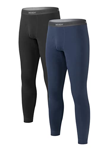 DAVID ARCHY Men's Winter Warm Stretchy Cotton Fleece Lined Base Layer Pants Thermal Bottoms Long Johns with Fly 2 Pack (L, Black/Navy Blue)
