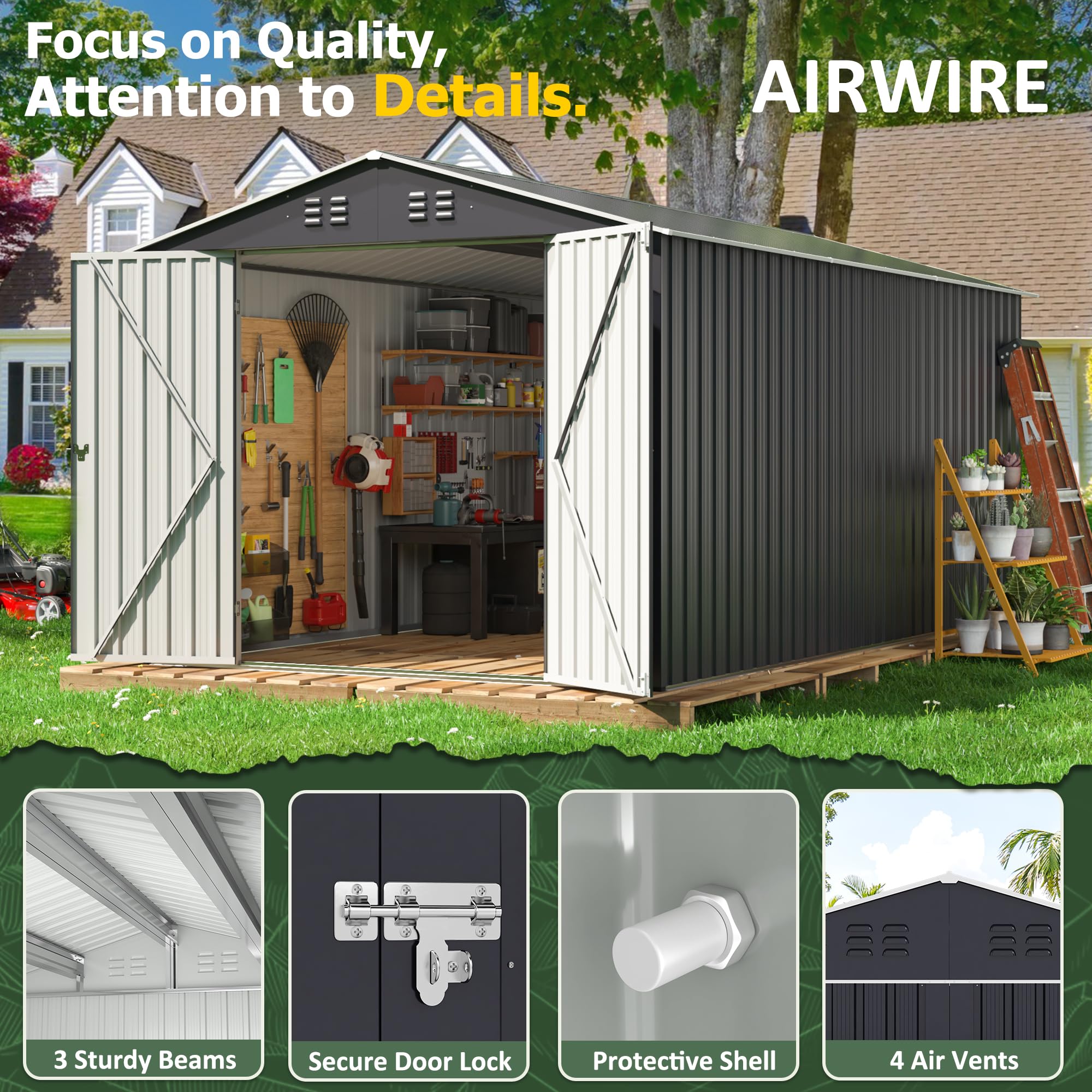 AirWire 8x12 FT Outdoor Storage Shed, Garden Shed with Updated Frame Structure and Lockable Doors, Metal Tool Sheds for Backyard Garden Patio Lawn, Grey