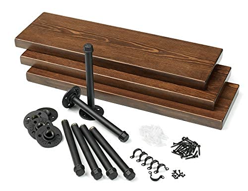 Mark One Home Goods 3 Tier Wood Shelves with Black Pipe Brackets (Dark Walnut, 3 Tier)