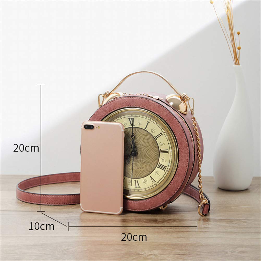 Clock Bag Real Working,Vintage Crossbody Messenger Bag, SteamPunk Style Shape Leather Bag Circular Handbag Chain Shoulder Female bag (Brown)