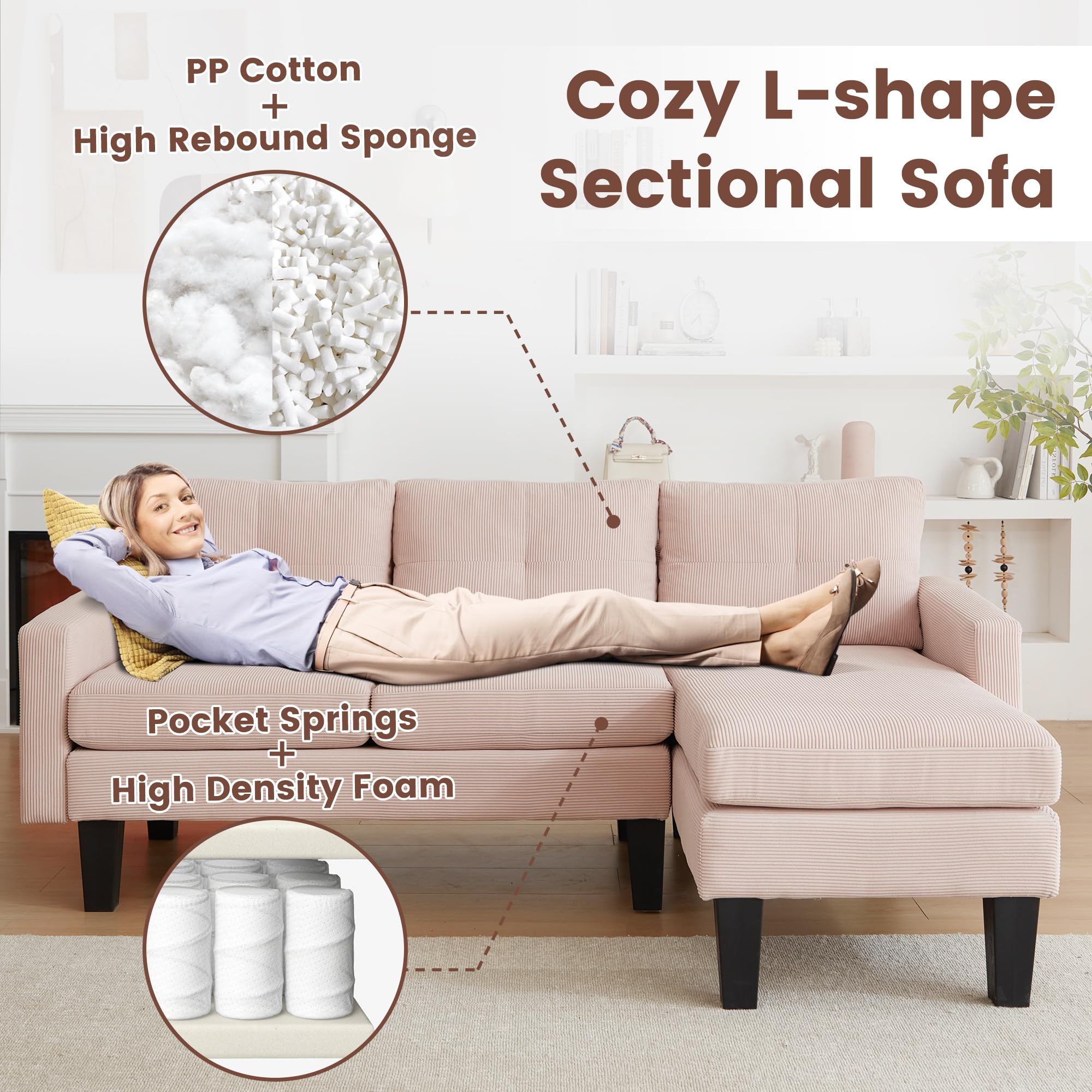 XIZZI 80" Small Sectional Sofa Couches for Living Room,L-Shape Sofa Couch with Chaise,Cloud Couch for Office,Comfy Chaise Sofa for Apartment Small Space (Corduroy,Right Facing Chaise, Pink)