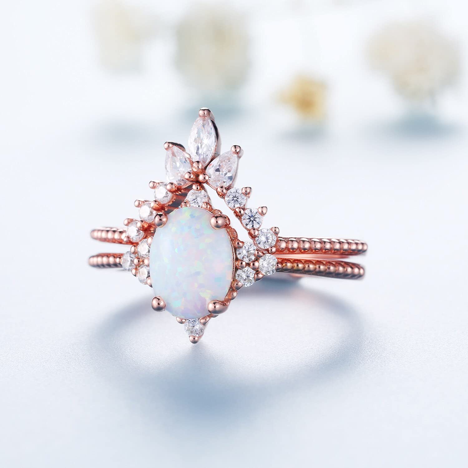 925 Sterling Silver Rose Gold White Fire Opal CZ Diamond Engagement Ring Stackable Wedding band Set Women Bridal set Statement Anniversary Ring Gift Promise Oval Cut White Gold Yellow Gold