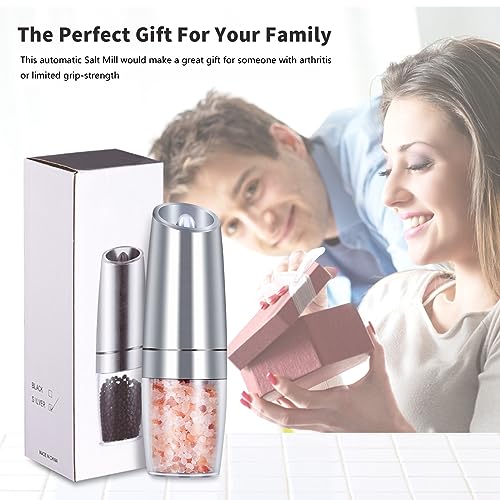 EasyCom Gravity Salt and Pepper Mill Set, Battery Powered with LED Light, Adjustable Coarseness, One Hand Automatic Pepper Mill for Kitchen and BBQ, 2 Pack, Silver