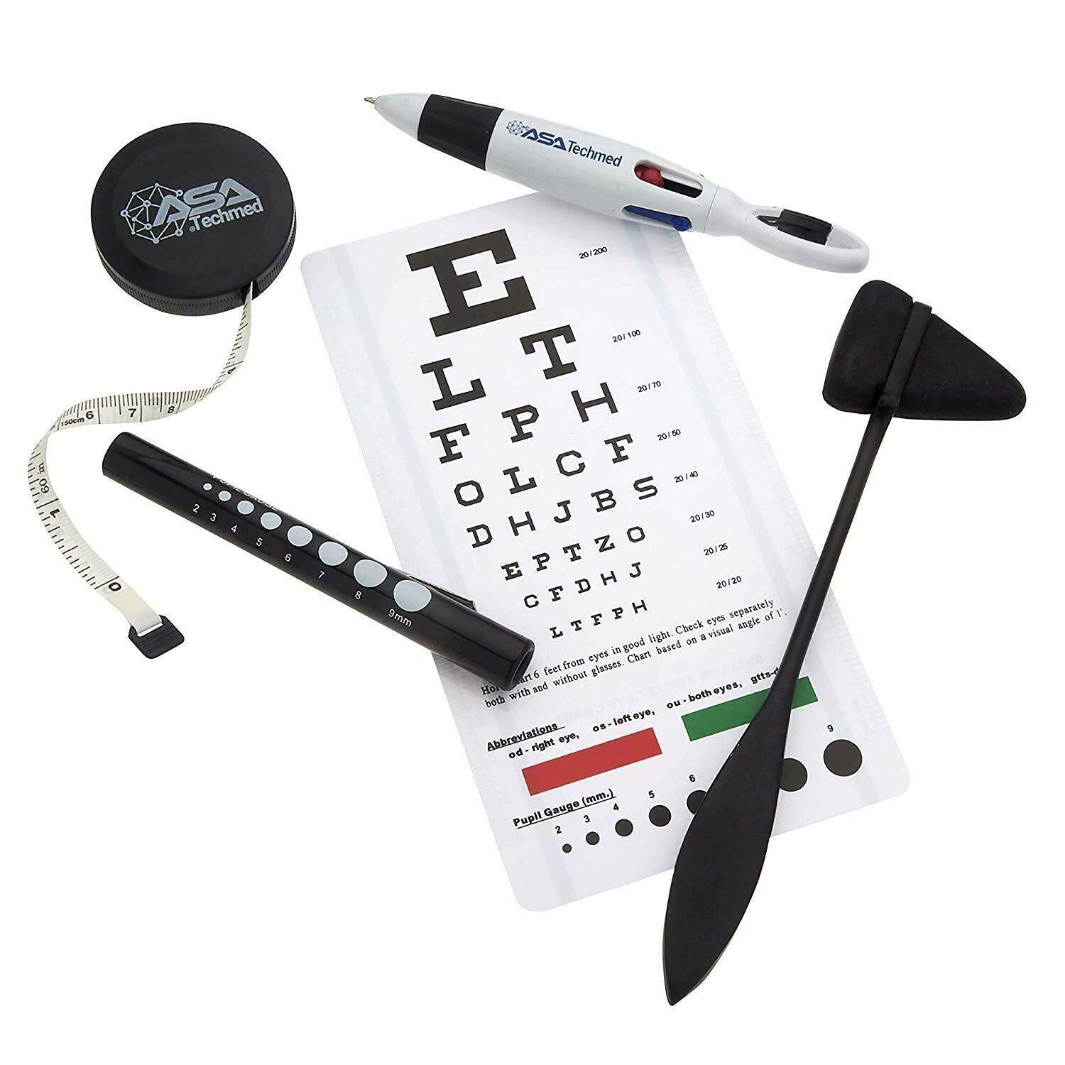 ASA TECHMED Dual Head Stethoscope Set with Snellen Eye Chart, Taylor Percussion Hammer, Otoscope w/Batteries, LED Pupil Gauge Penlight, Retractable Tape Measure, 4 in 1 Ballpoint Pen