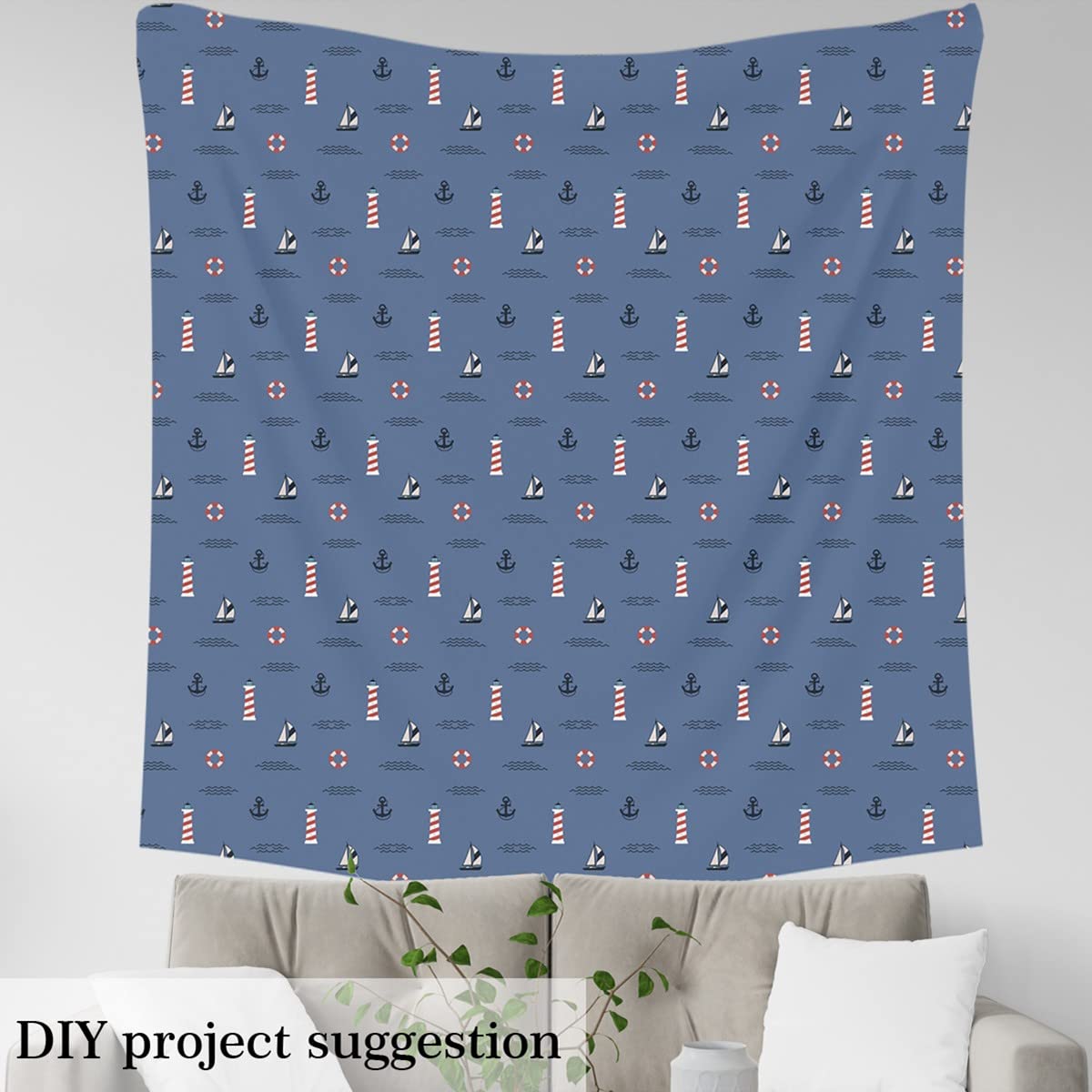 Upholstery Nautical Fabric by The Yard, Anchor Sailboat Printed Decorative Fabric for Upholstery and Home DIY Projects, Ocean Themed Lighthouse Waterproof Outdoor Fabric, 10 Yard, Navy Blue
