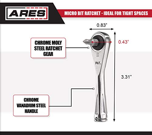 ARES 70040-1/4-Inch Drive Close Quarter Micro Bit Ratchet | Mini Screwdriver with High Torque 72-Tooth Gearhead - 5 Degree Sweep - Spring Loaded Detent Ball Bit Holder