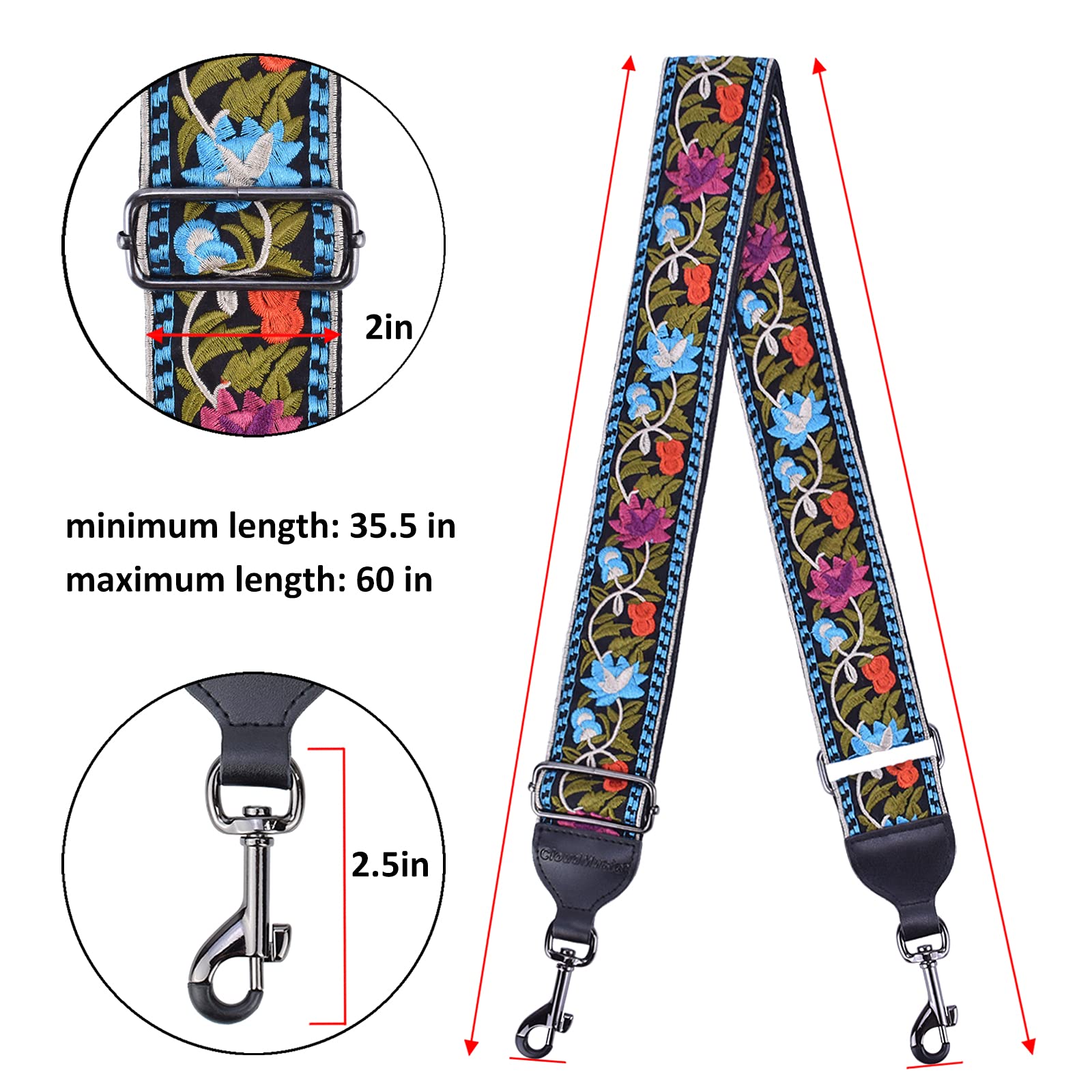 CLOUDMUSIC Banjo Strap Guitar Strap For Handbag Purse Jacquard Woven With Leather Ends And Metal Clips(Blue Pink Flower)