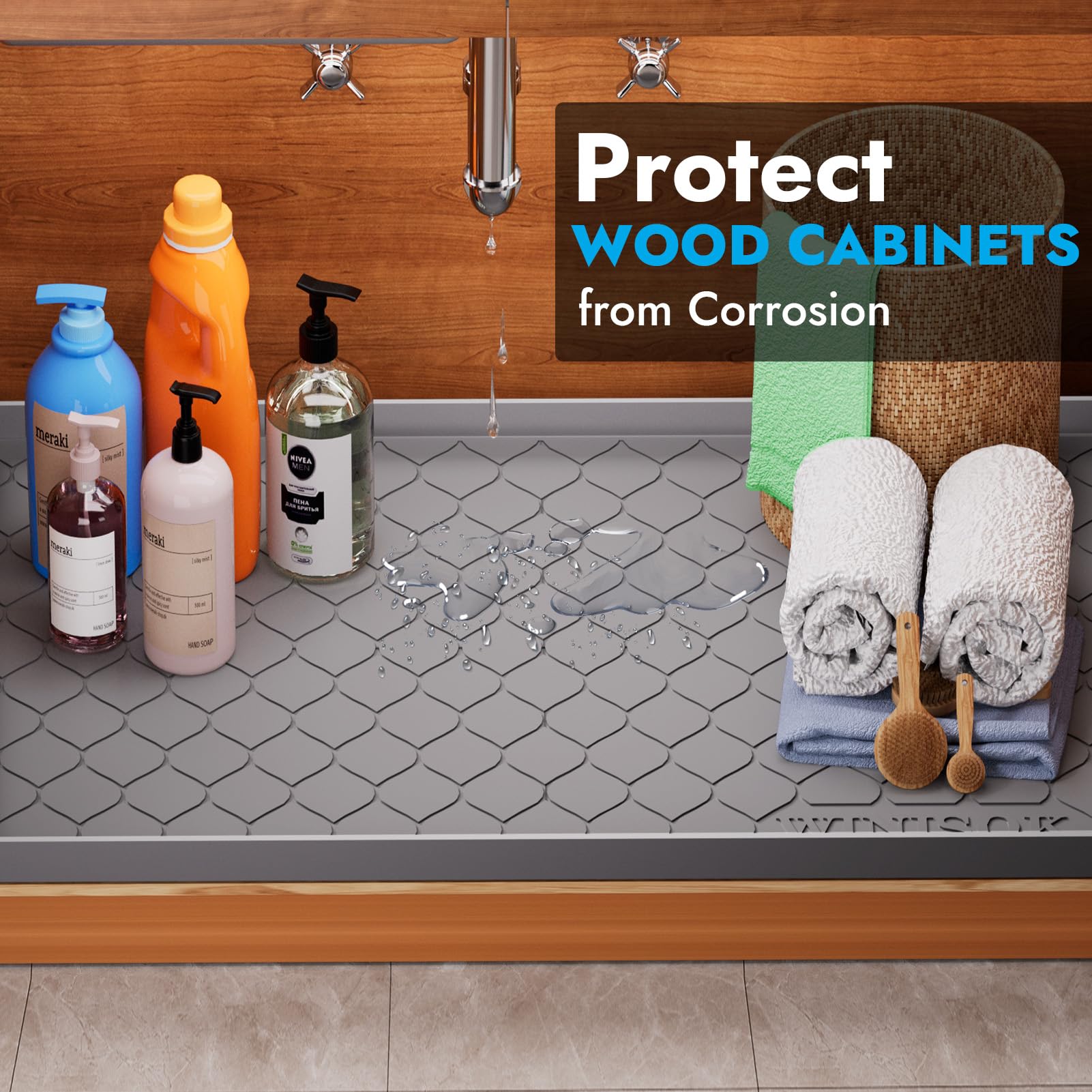Winisok Waterproof Under Sink Mat -34β x 22β Cabinet Liner for Kitchen & Bathroom, Shelf Protector Silicone Under Sink Tray, Kitchen Cabinet Organizers and Storage Sink Drip Tray