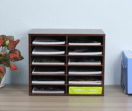 PAG Wood Desktop Literature Organizer Adjustable File Sorter Mail Center Magazine Holder Paper Storage Cabinet Classroom Keepers Mailbox for Office Home School, 12 Compartments, Brown
