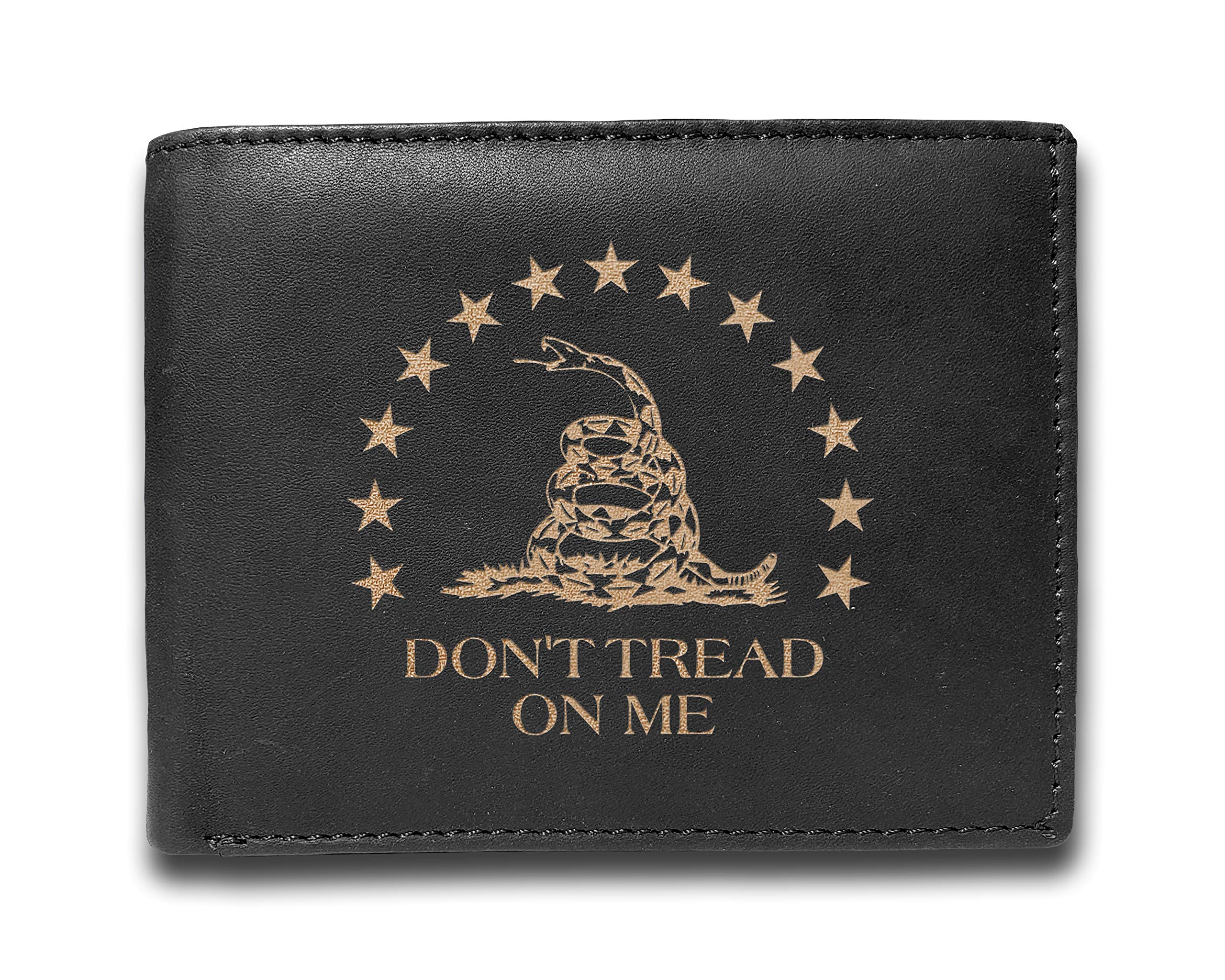 Don't Tread On Me Live Free or Die Cowhide Leather Laser Engraved Engraving Slimfold Mens Large Capacity Luxury Wallet Purse Minimalist Sleek and Slim BLACK Credit Card Holder Organizer 14 Pockets