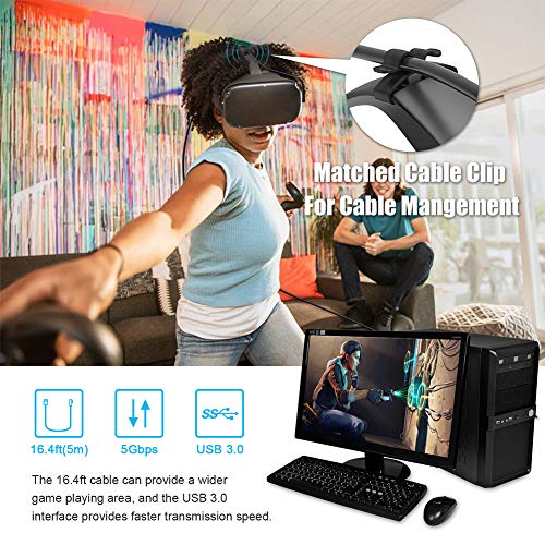 Dengofng 16FT with Fixing Clip VR Headset Accessories Black Link Cable for Oculus Quest 2