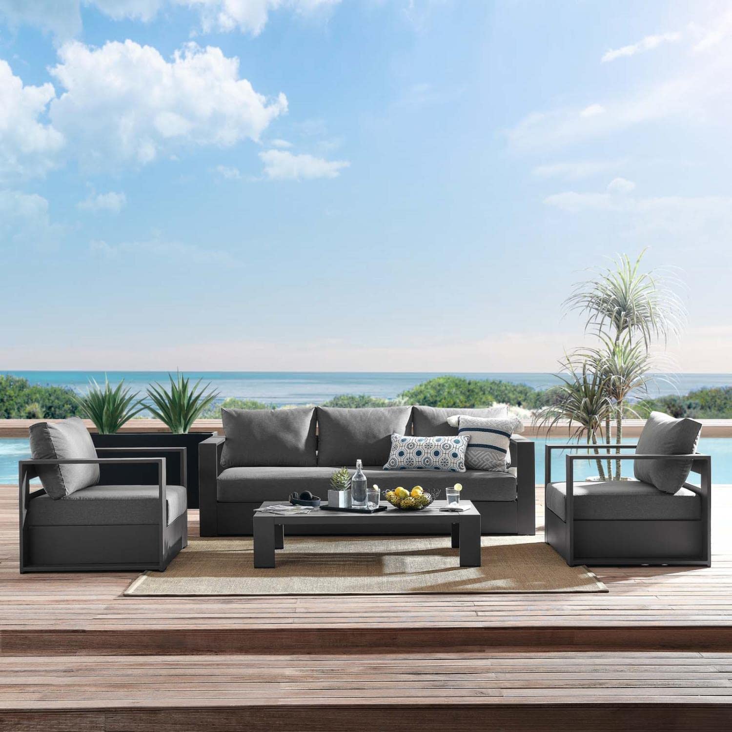 Modway Tahoe 4-Piece Fabric/Powder-Coated Aluminum Outdoor Set in Charcoal/Gray