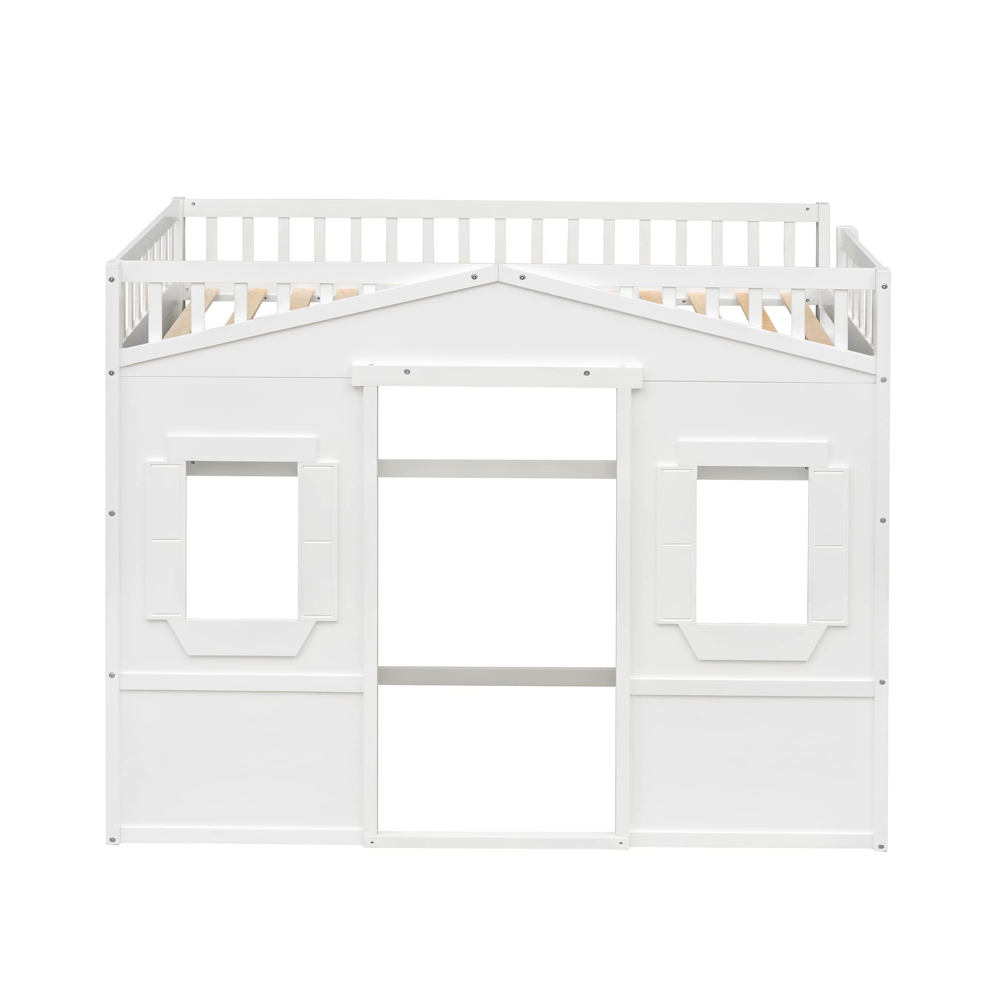 Merax Twin Size Wood Loft Bed, House Bed Frame with Ladder and Safety Guardrails for Kids, No Box Spring Needed, White