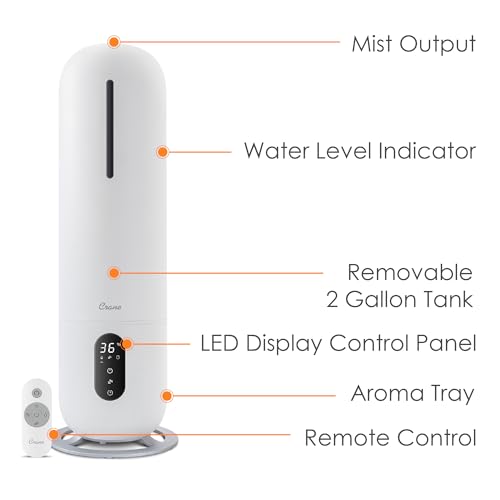 Crane Ultrasonic Cool Mist Tower Humidifier, 2 Gallon,White,EE-6917