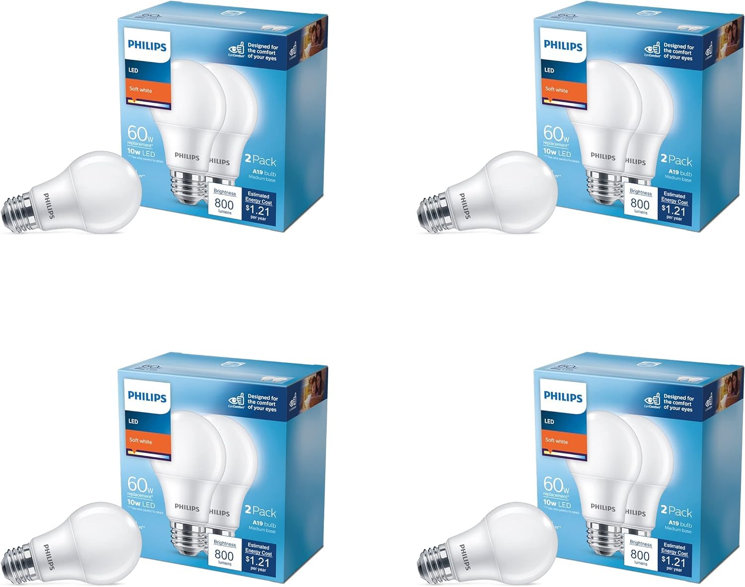Philips LED Basic Frosted Non-Dimmable A19 Light Bulb - EyeComfort Technology - 800 Lumen - Soft White (2700K) - 10W=60W - E26 Base - Indoor - 8-Pack