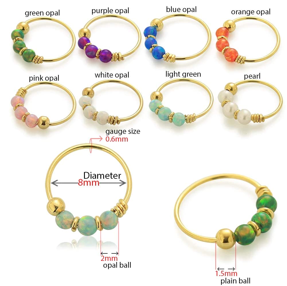 9 Karat Yellow Gold Triple Light Green Opal Bead 22 Gauge Hoop Nose Piercing Ring Jewelry