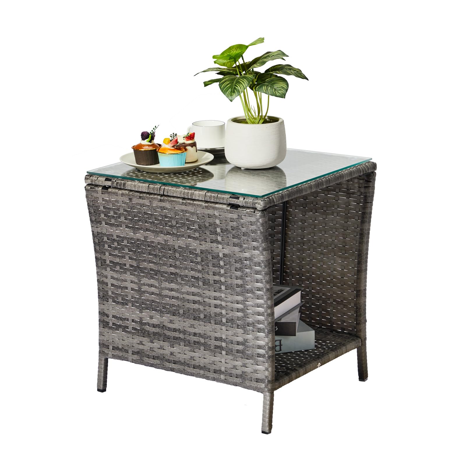 HEPMIMZHU Outdoor Patio Wicker Side Table, Square End Table Bistro Coffee Table with Glass Top Storage Shelf for Porch Garden Backyard Rattan End Table Furniture with Storage (Light Grey)