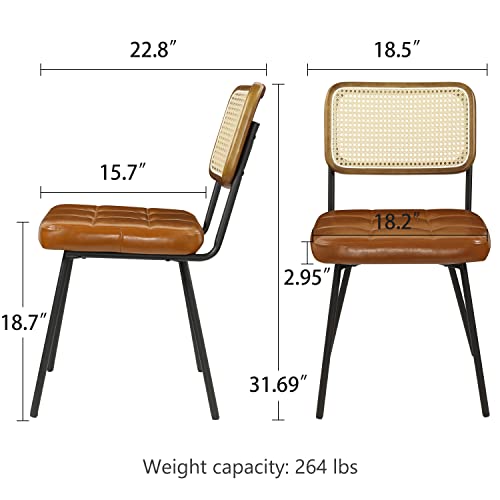 Art Leon Rattan Dining Chairs, Set of 2, Rubber Wood Frame, Mid Century Modern Dining Room Chairs with Rattan Woven Back, Faux Leather Upholstered Kitchen Chairs with Black Metal Legs, Yellow Brown