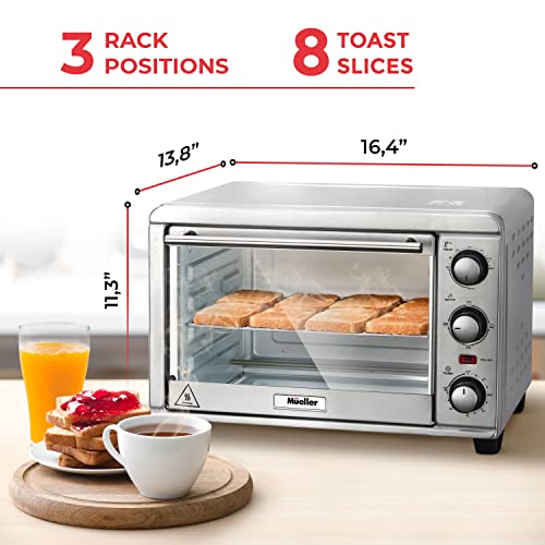 Mueller AeroHeat Convection Toaster Oven, 8 Slice, Broil, Toast, Bake, Stainless Steel Finish, Timer, Auto-Off - Sound Alert, 3 Rack Position, Removable Crumb Tray, Accessories and Recipes