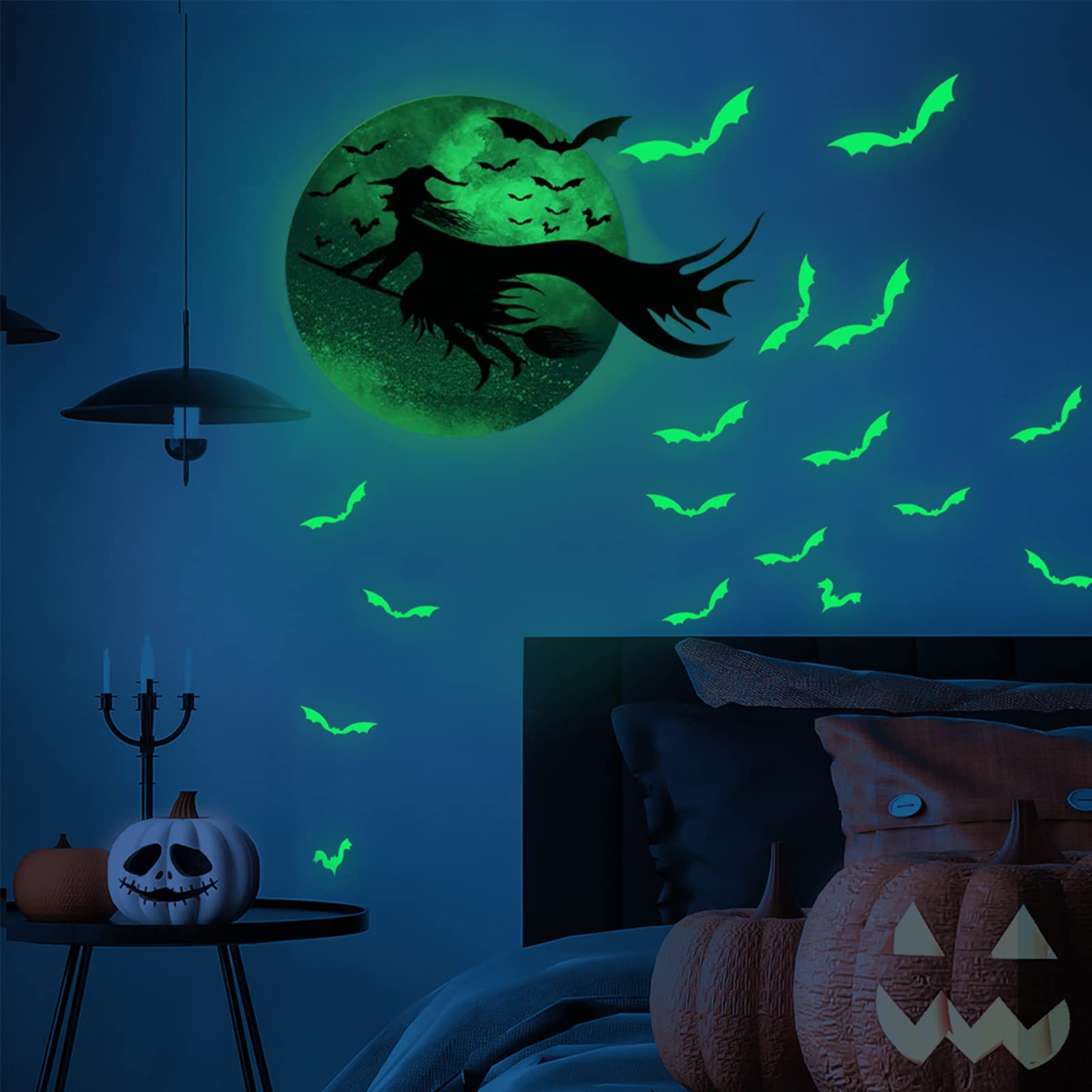 Halloween Decoration Sticker Glow in The Dark Bedroom Decals for Decoration Wall Sticker Visualization Luminous Stickers (Witch/Bats)