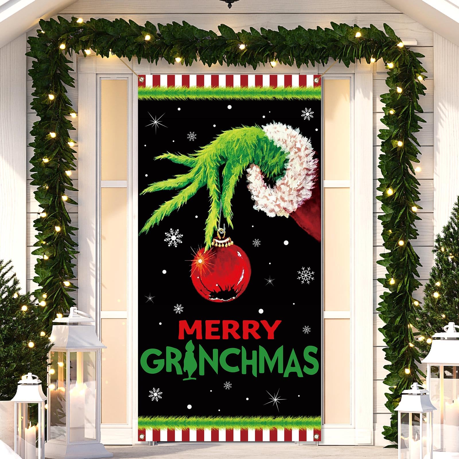 Sunwer Merry Christmas Door Cover Whoville Xmas Winter Holiday Party Decoration Front Porch Sign Backdrop Banner for Home Indoor Outdoor Decor