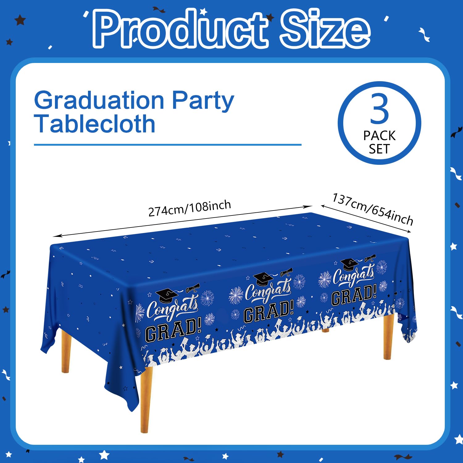JVORFDG Graduation Party Decorations 2024 Congrats Grad Table Cover for Graduations Party Supplies 3pcs Blue Tablecloth 54 x 108 Inch