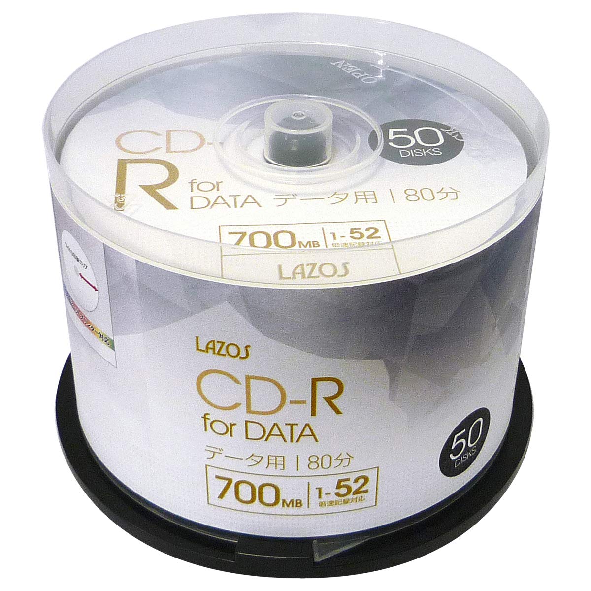 Leader Media Techno 4571414152587 Lazos CD-R 700MB for Data 1-52 Double Speed One time Recording White Wide Printing Correspondence 50 Pieces of Spindle case L-CD50P, Adjustable, Other