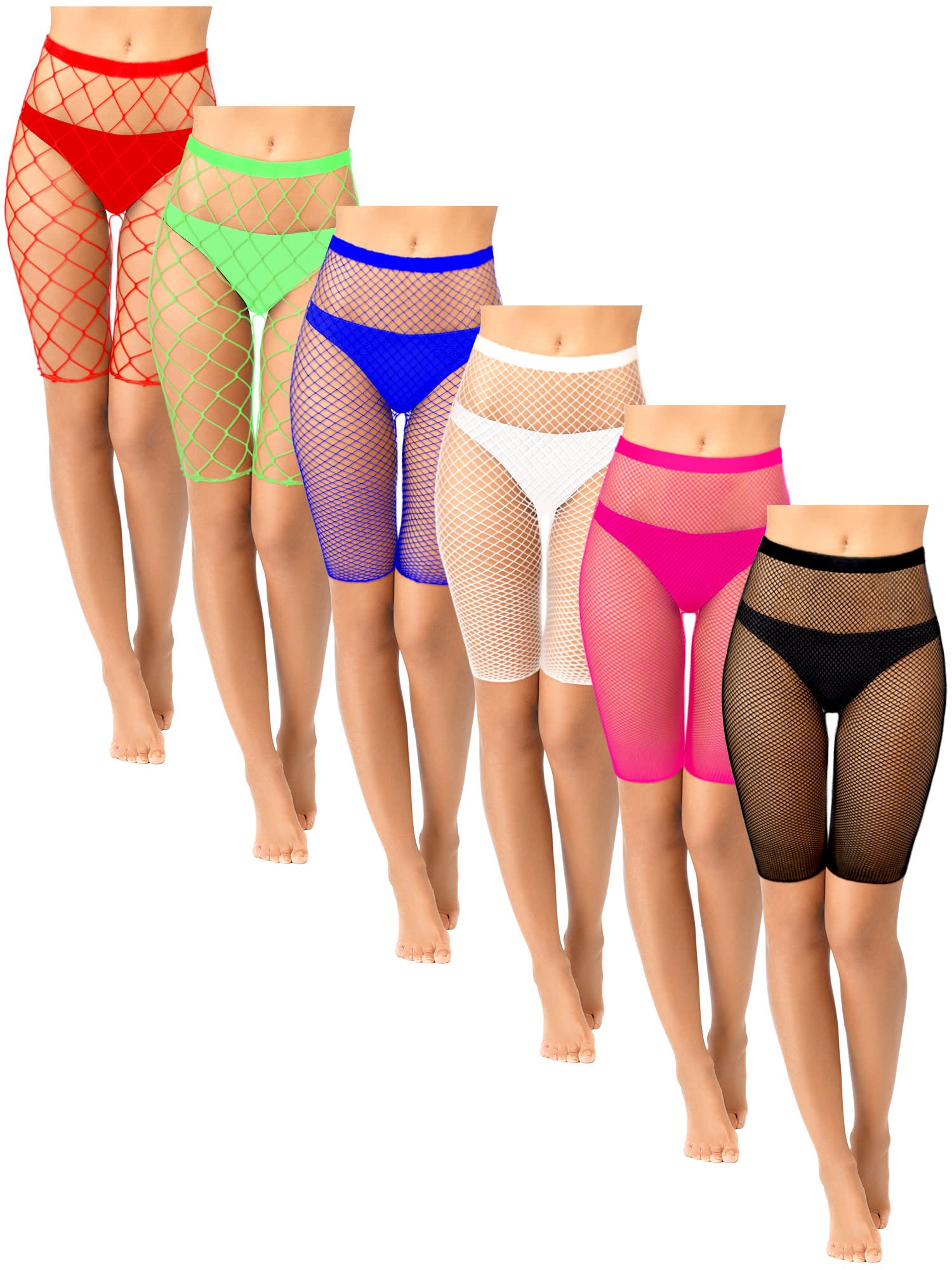 6 Pairs Fishnet Biker Short Elastic Fishnet High Waisted Shorts See Through Sheer Mesh Short Leggings for Women (Mixed Color, Small, Medium, Large Net)