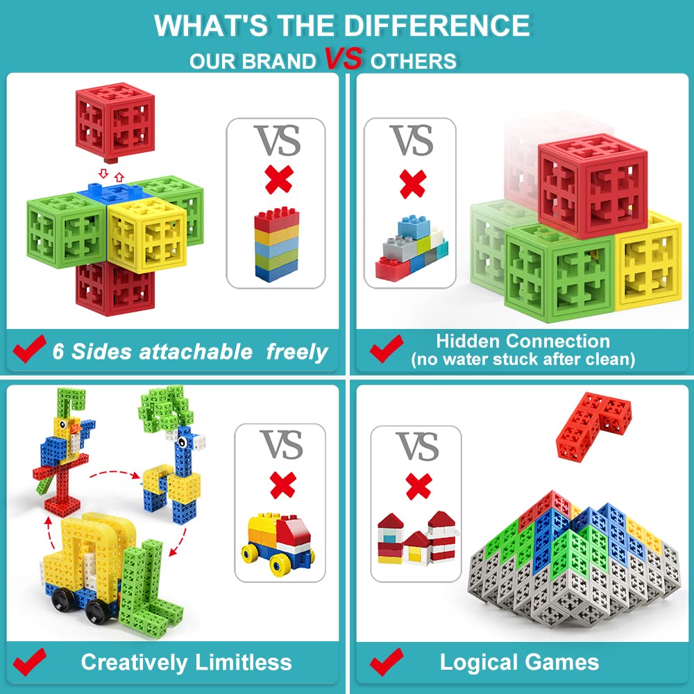 Building Stacking Block Toy, Stack Building Blocks Sensory Toy for Kids STEM Educational Sets Learning & Development Toys Cubes, DIY Build Variations with Funny Puzzle Bricks for Age 3 and Up, 150pcs