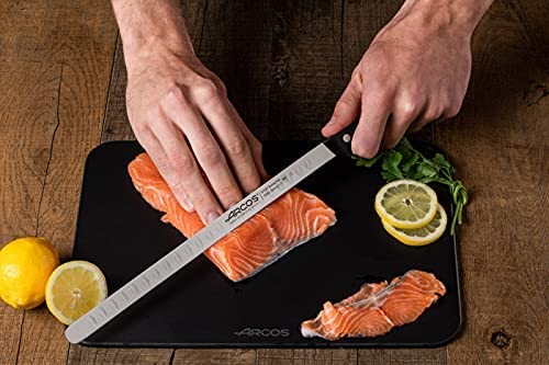 ARCOS Salmon Knife / Fish Knife 11 Inch Nitrum Stainless Steel and 290 mm blade. Ergonomic Polyoxymethylene POM Handle. Series Universal. Long, sturdy blade and serrated edge. Easily cuts. Color Black