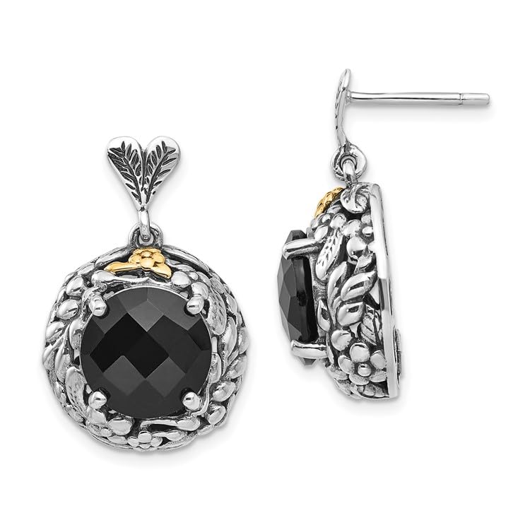 925 Sterling Silver and 14k Yellow Gold Onyx Post Dangle Earrings Fine Jewelry For Women Gifts For Her