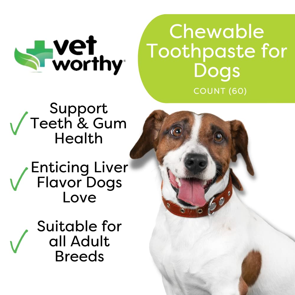 Vet Worthy Chewable Toothpaste - Dog Teeth Cleaning Chews with Propolis & Zeolites - Toothpaste for Dogs - Dog Tartar Remover for Teeth & Dog Chews for Cleaning Teeth - 60ct (Chicken Liver)