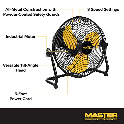 Master 12 Inch Industrial High Velocity Floor Fan - Direct Drive, All-Metal Construction with Steel-Coated Safety Grill, 3 Speed Settings (MAC-12F)