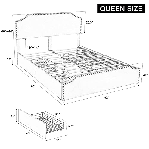 AMERLIFE Queen Size Bed Frame with 4 Storage Drawers and Headboard, Queen Velvet Upholstered Platform Bed with Rivet Curved Adjustable Headboard/Strong Wooden Slats/Easy Assembly/Grey