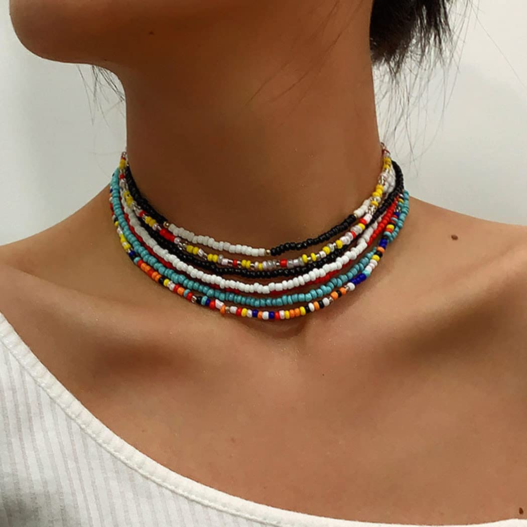 ACEDRE Boho Layered Beaded Necklaces Colorful Beads Choker Necklace Handmade Cute Chokers Set Beach Adjustable Neck Jewelry for Women(7PCS)