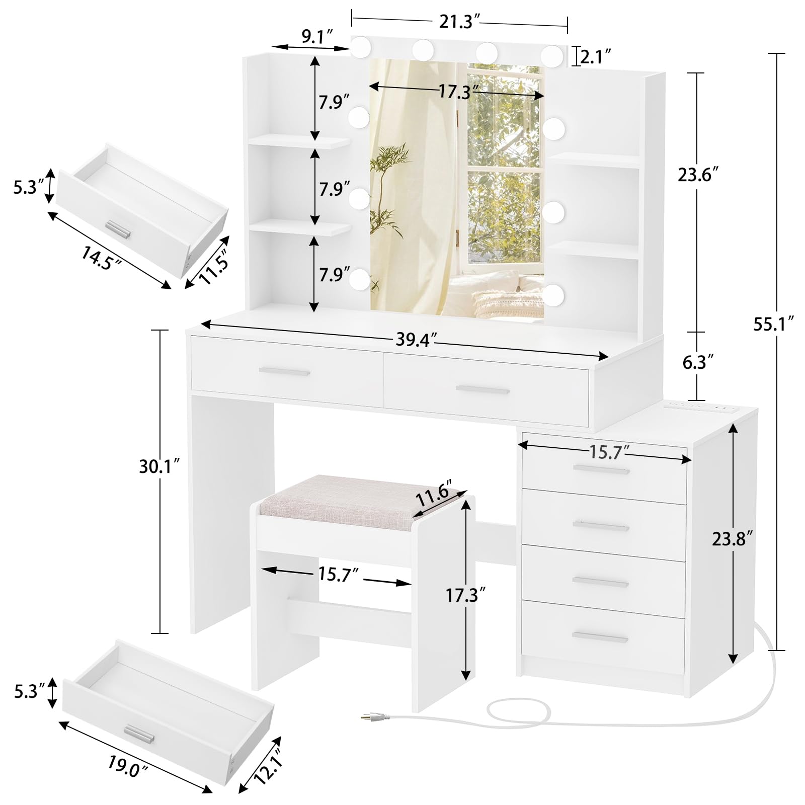 FIONESO Vanity Desk with Mirror & Lights, Makeup Vanity with 6 Drawers, 6 Open Shelves and Power Outlet, 48β Storage Makeup Vanity Desk with Stool Bench for Women, Girls, Bedroom, White