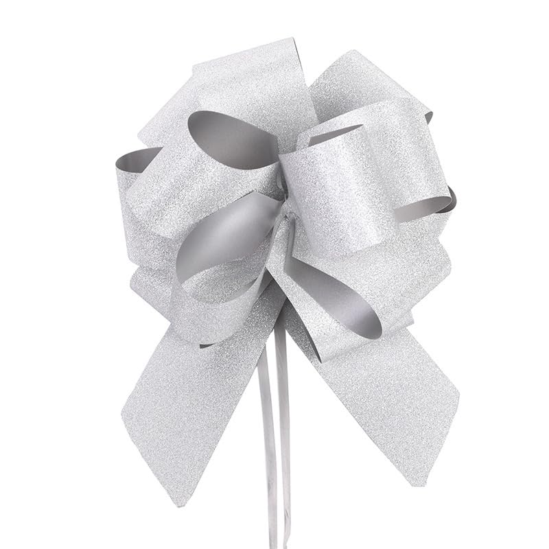 6PCS Silver Pull Bows for Gift Wrapping, 6 Inches Glitter Ribbon Pull Bow, Flower Decoration for Christmas Presents and Basket, for Holiday Package Birthday Presents Wedding Decoration (Silver)