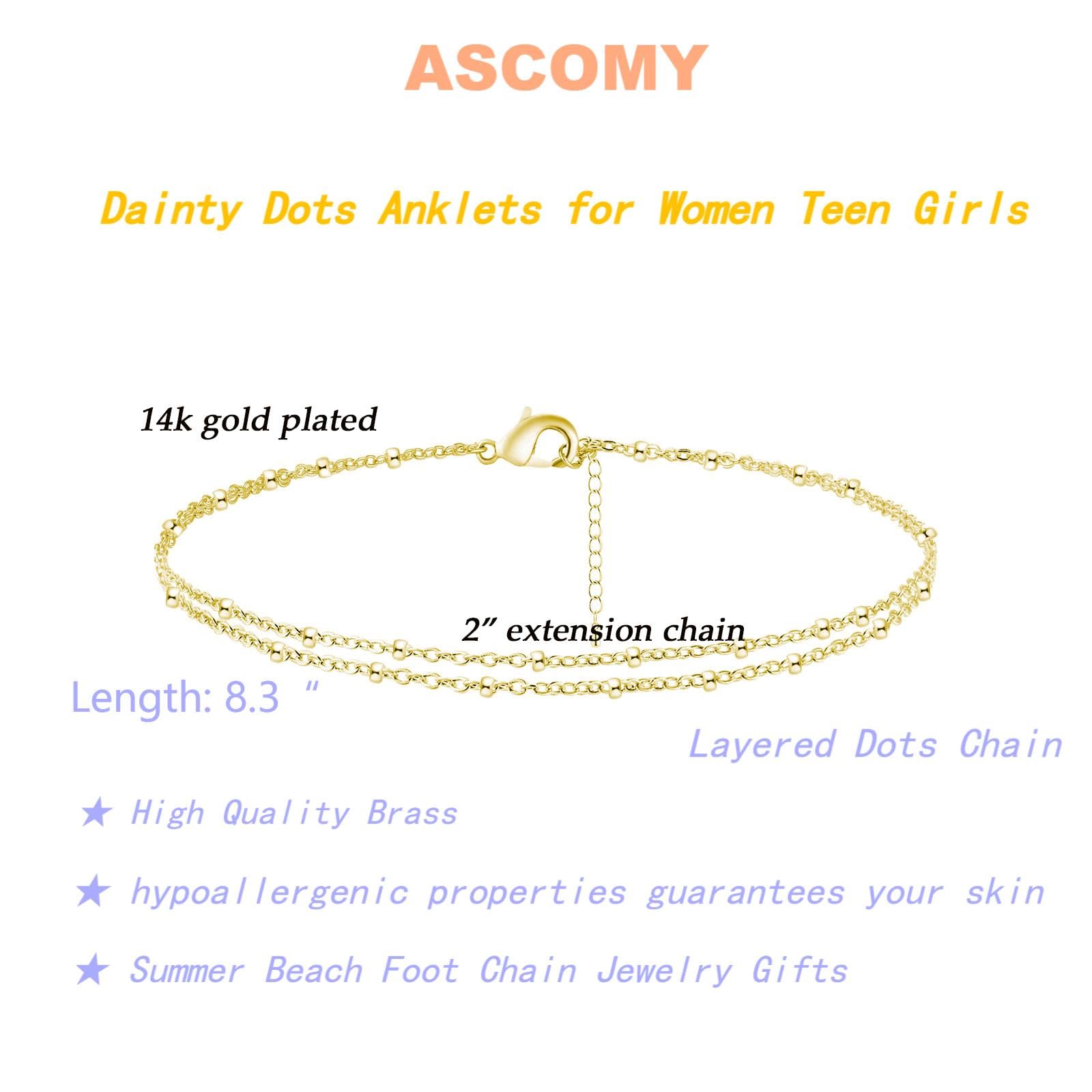 ASCOMY 14K Gold Plated Ankle Bracelets for Women Tiny Cute Layered Beaded Chain Anklet Dainty Simple Square Dot Anklets for Her Minimalist Summer Beach Foot Chain Gold Anklet Jewelry Gifts