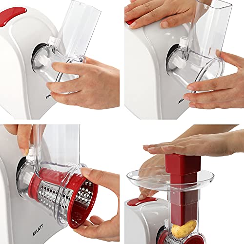 Electric Slicer, ASLATT Electric Cheese Grater for Home Kitchen Use, One-Touch Control Cheese Shredder, Salad Maker Machine for Fruits, Vegetables, Cheese Grater with 5 Attachments, 120V,White