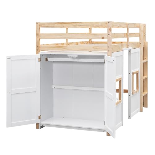 BOVZA Twin Size Loft Bed with Built-in Storage Wardrobe and 2 Windows, Wood Playhouse Loft Bed Frame with High Guard Rails for Kids Boys Girls Teens, Natural+White