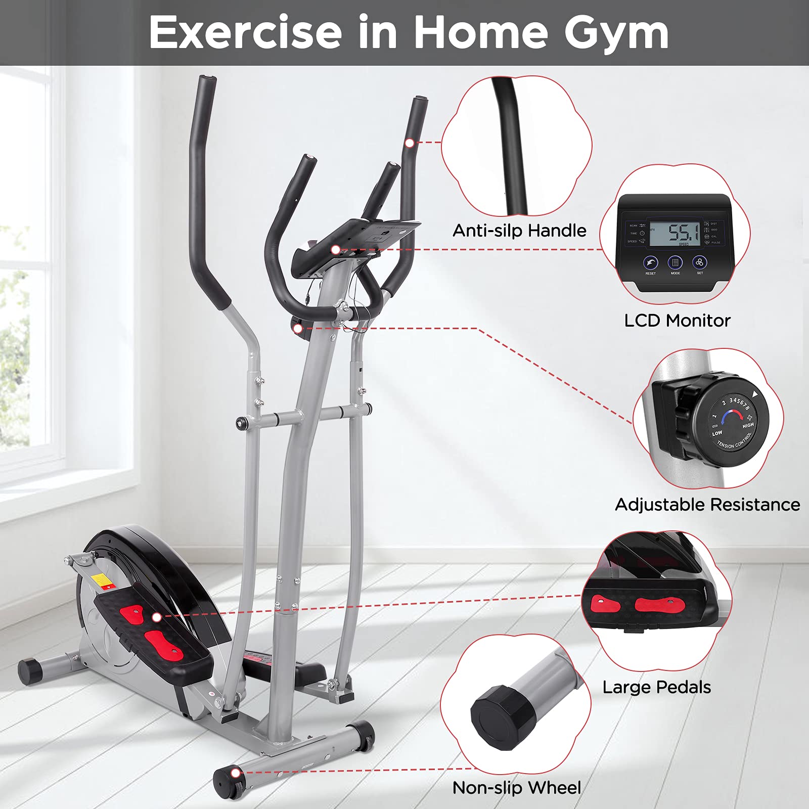 Aceshin Elliptical Machine Magnetic Elliptical Training Machine for Home Use Elliptical Training Machines with LCD Monitor and Smooth Quiet Driven Pulse Rate Grips (Deep Gray)
