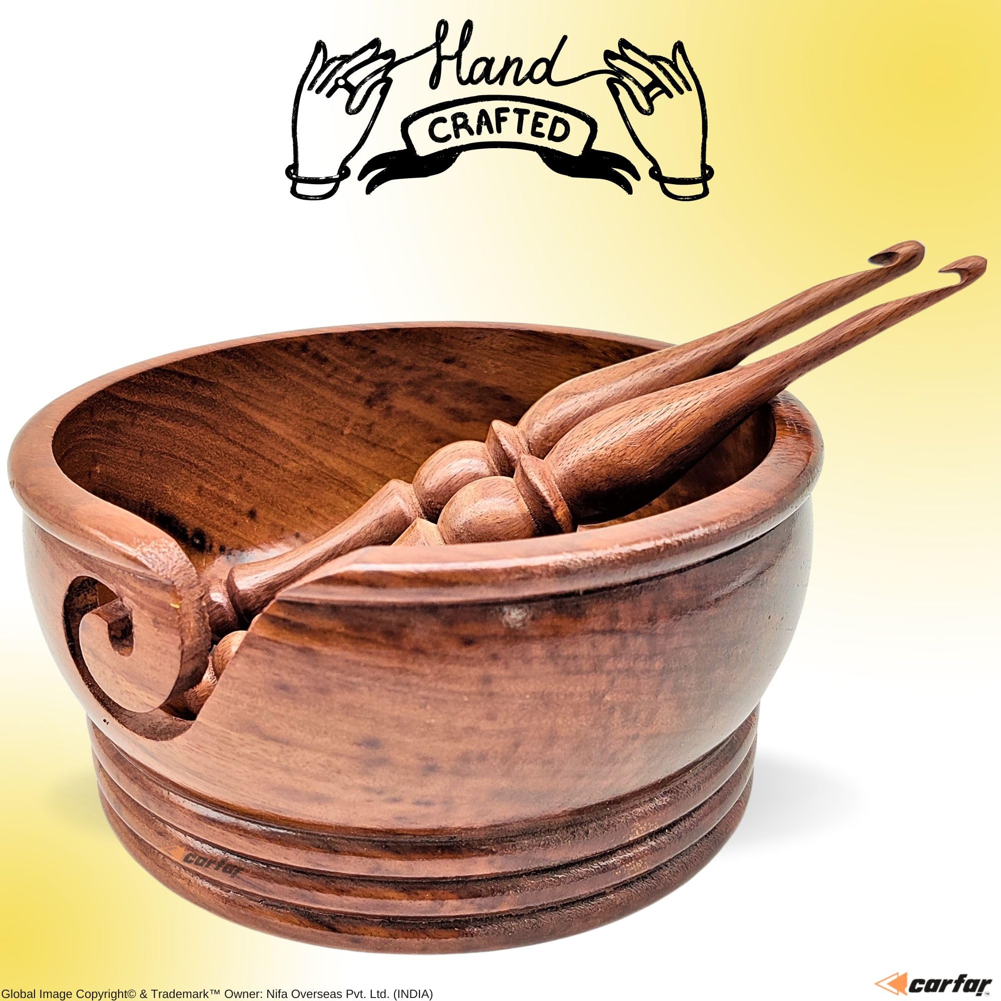 Carfar Knitting Yarn Bowl & Crochet Hooks Set Handmade Wooden Yarn Holder Bowl for Crocheting and Knitting